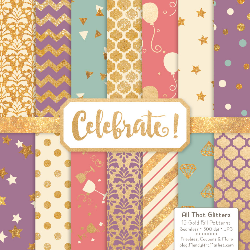 Vintage Celebrate Gold Digital Paper Set Graphic by Amanda Ilkov ...