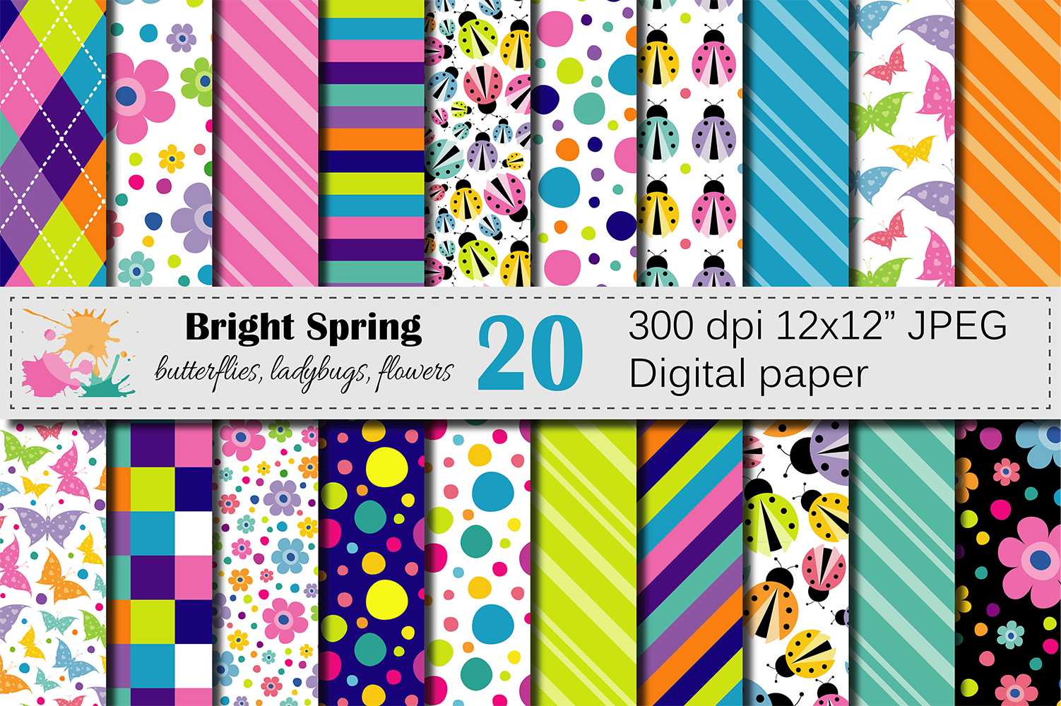 Bright Spring Digital Paper with Butterflies, Ladybugs and Flowers ...