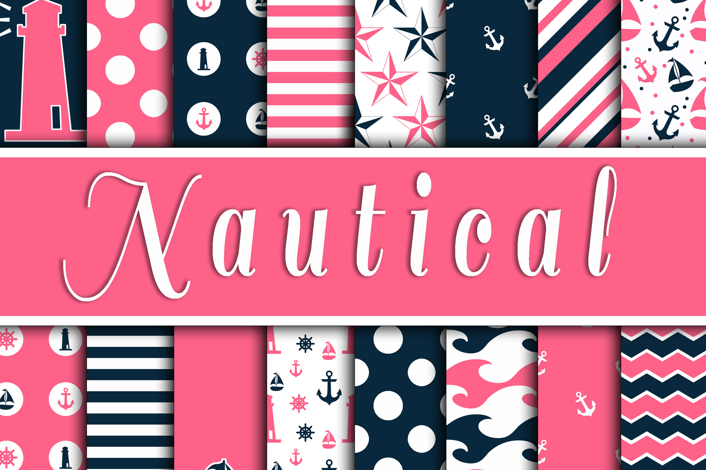 Pink and Navy Blue Nautical Designs Digital Paper Graphic by ...