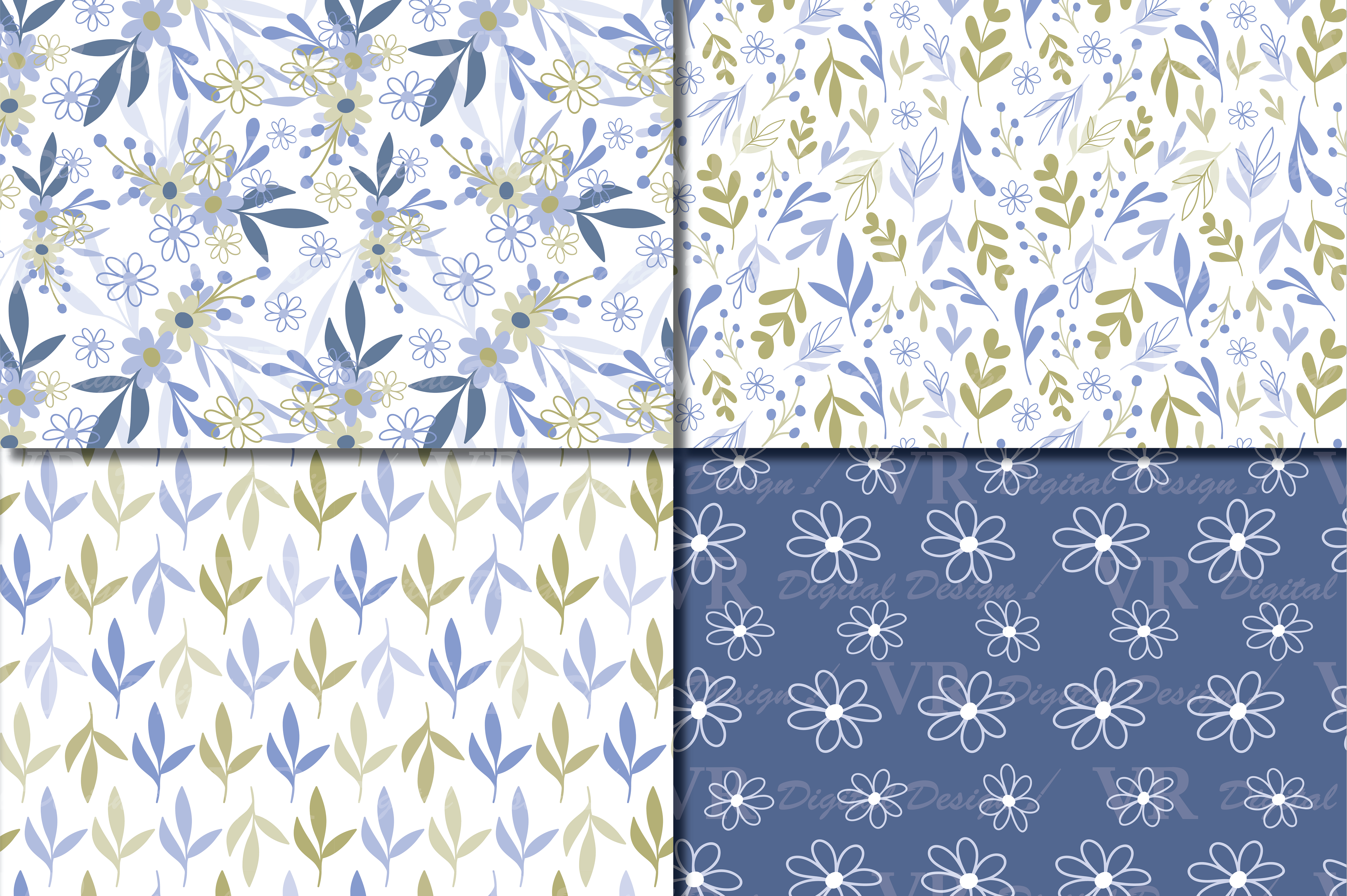Blue and Green Hand Drawn Flowers and Leaves Digital Paper / Pastel ...