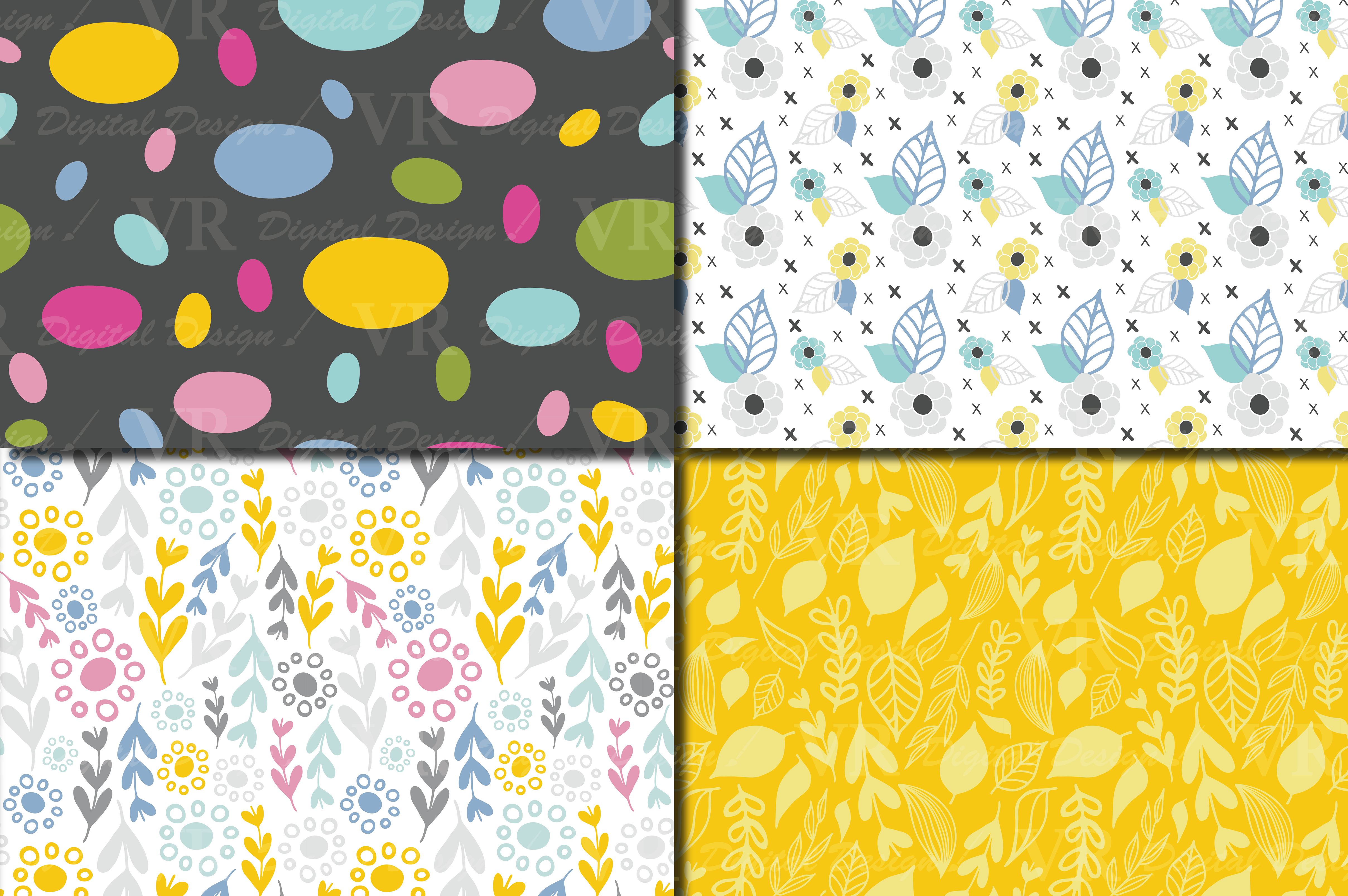 Seamless Bright Spring Digital Paper / Hand Drawn Flowers, Leaves ...