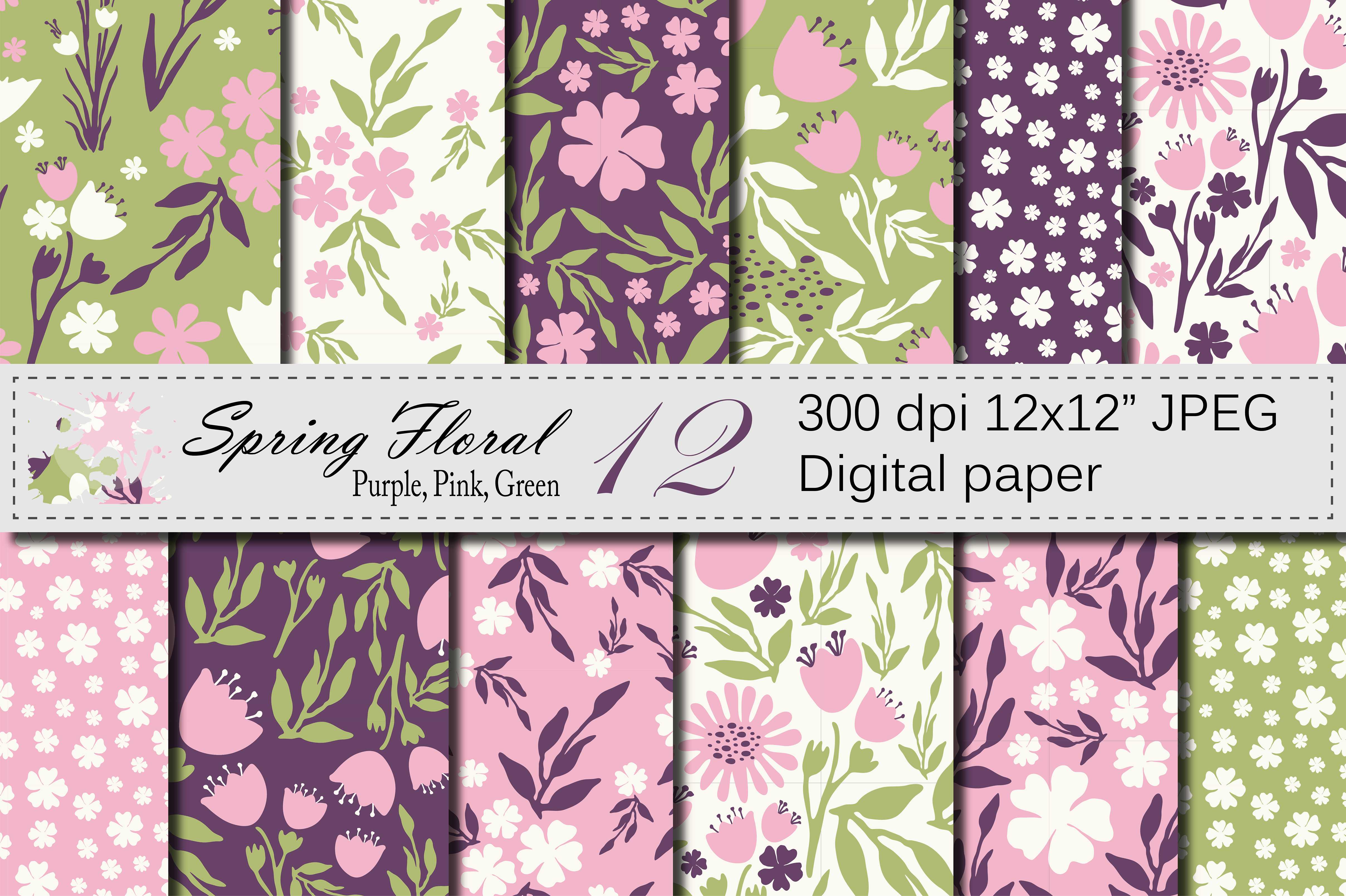 Seamless Floral Digital Paper- Pink Purple Green Patterns Graphic by VR ...