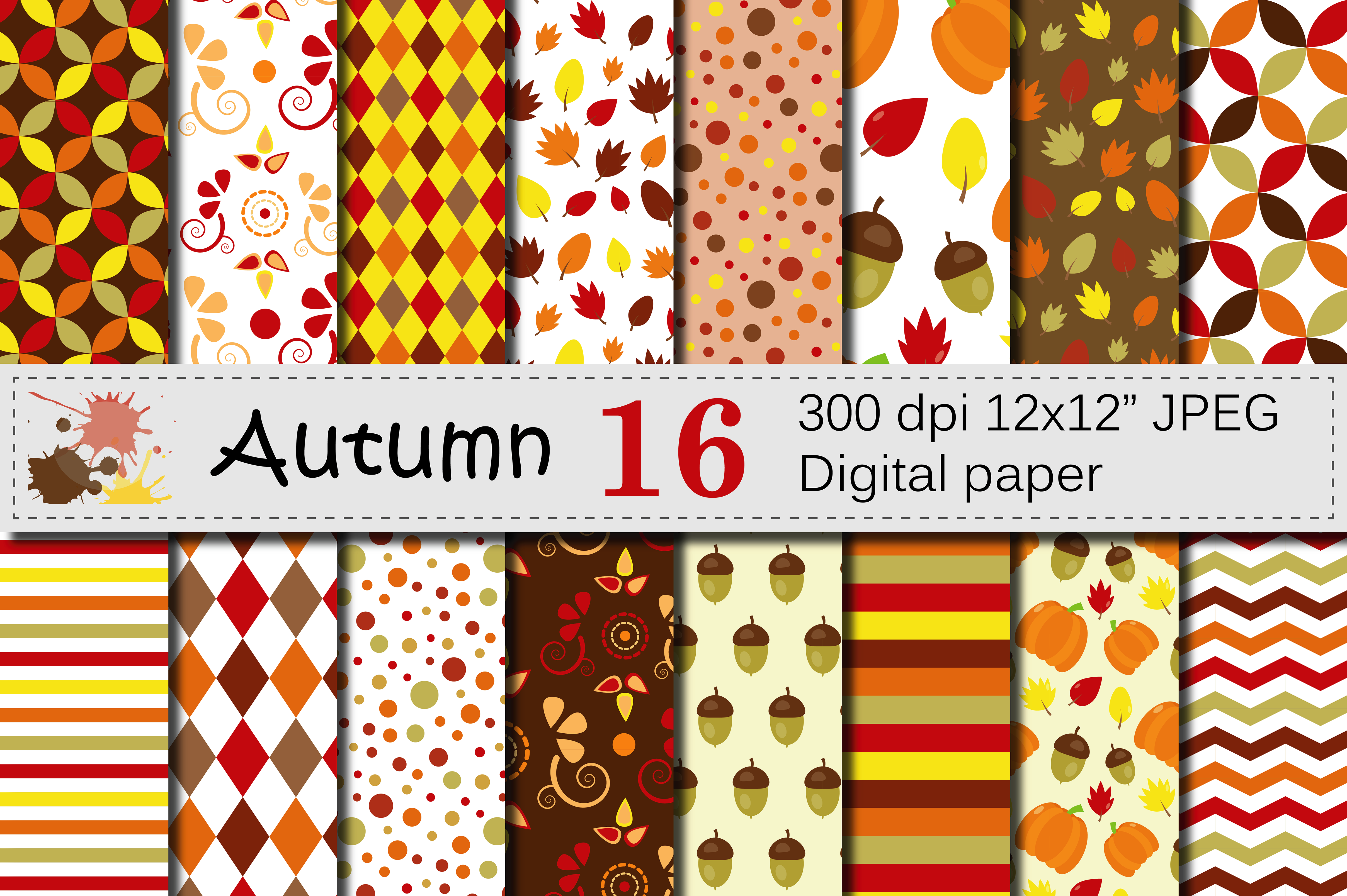 Autumn Digital Paper - Fall Backgrounds with Pumpkin, Acorn and Leaves ...