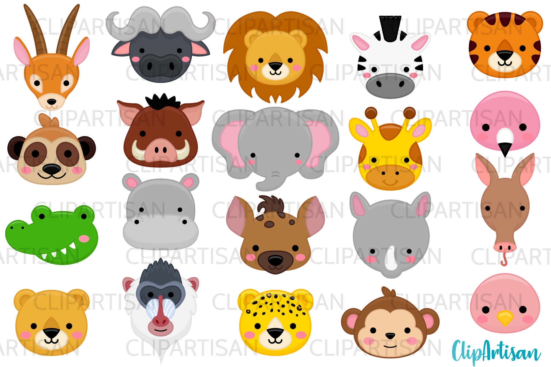 African Animal Faces Clipart, Safari Graphic by ClipArtisan · Creative ...