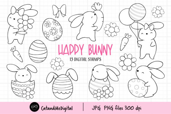 Bunny Easter Digital Stamps Graphic by CatAndMe · Creative Fabrica