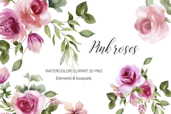 Watercolor Flowers Pink Rose Clipart Graphic by WatercolorGardens ...