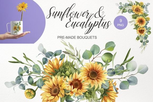 Watercolor Sunflower Eucalyptus Clipart Graphic by WatercolorGardens ...