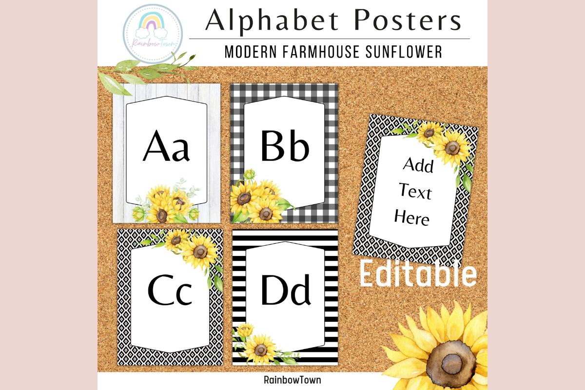 Alphabet Posters Farmhouse Sunflower Graphic by Rainbowtown · Creative ...