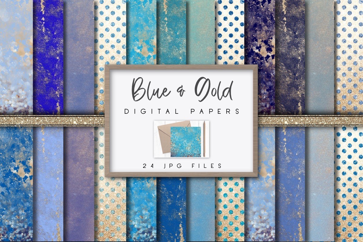 Blue and Gold Glitter Digital Papers Graphic by Birch Designs ...