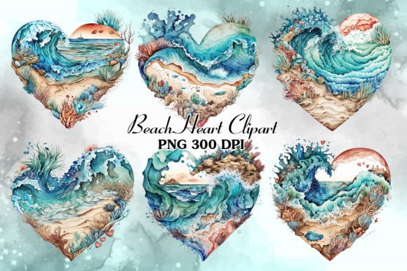 Beach Heart Watercolor Clipart Bundle Illustration par Cat Lady ...