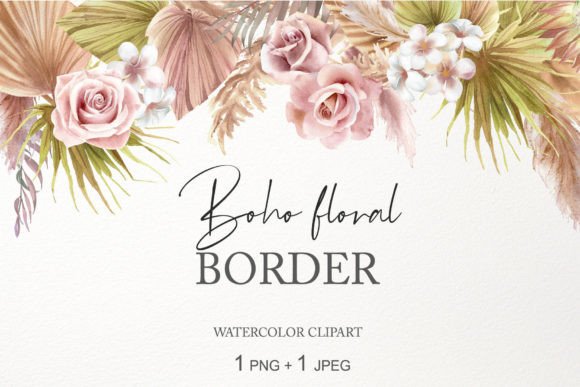 Boho Floral Border Clipart. Pampas Grass Graphic by WatercolorGardens ...