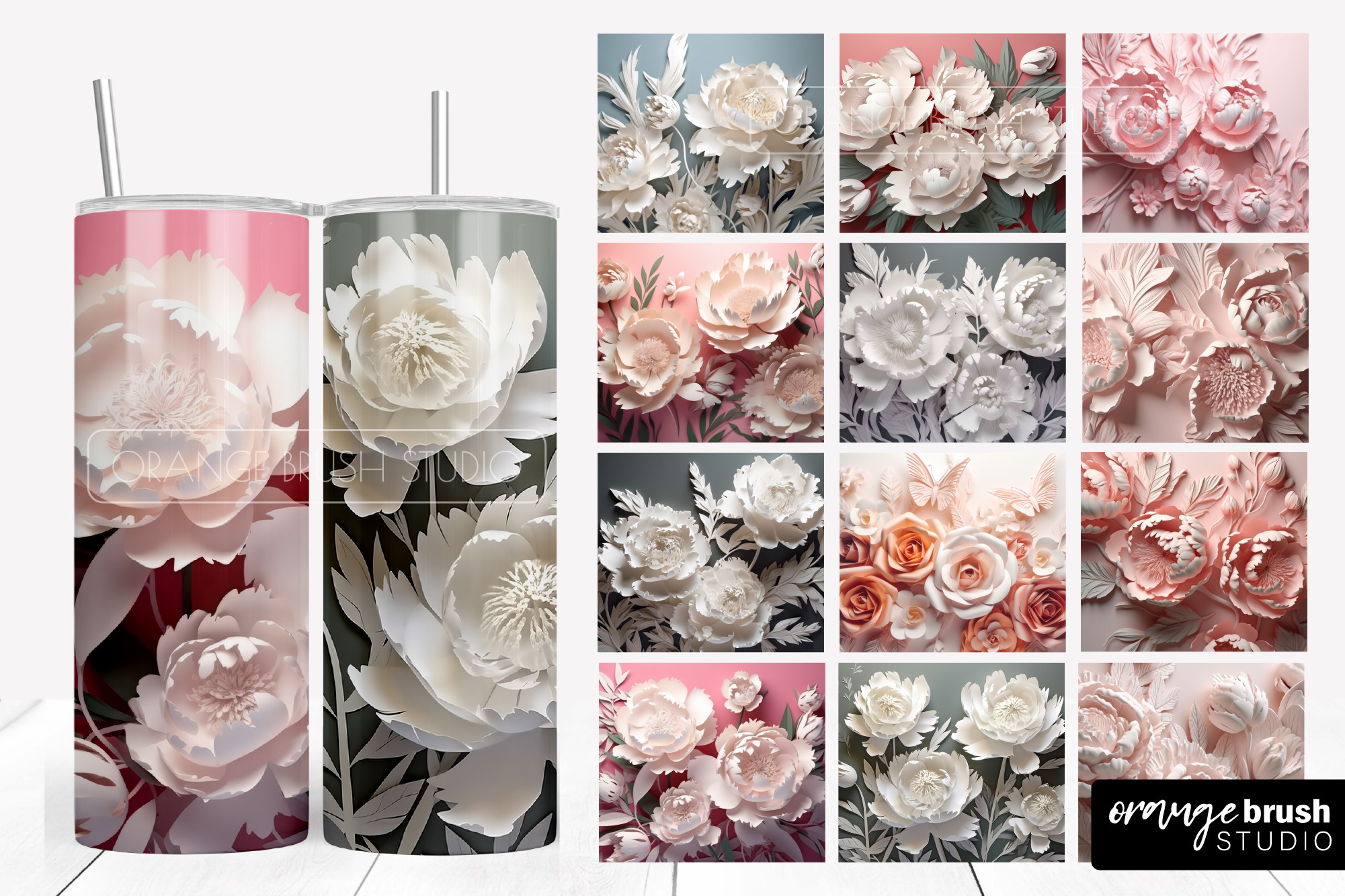 3D Tumbler Wrap Bundle 3D Flower Designs Graphic by Orange Brush Studio ...