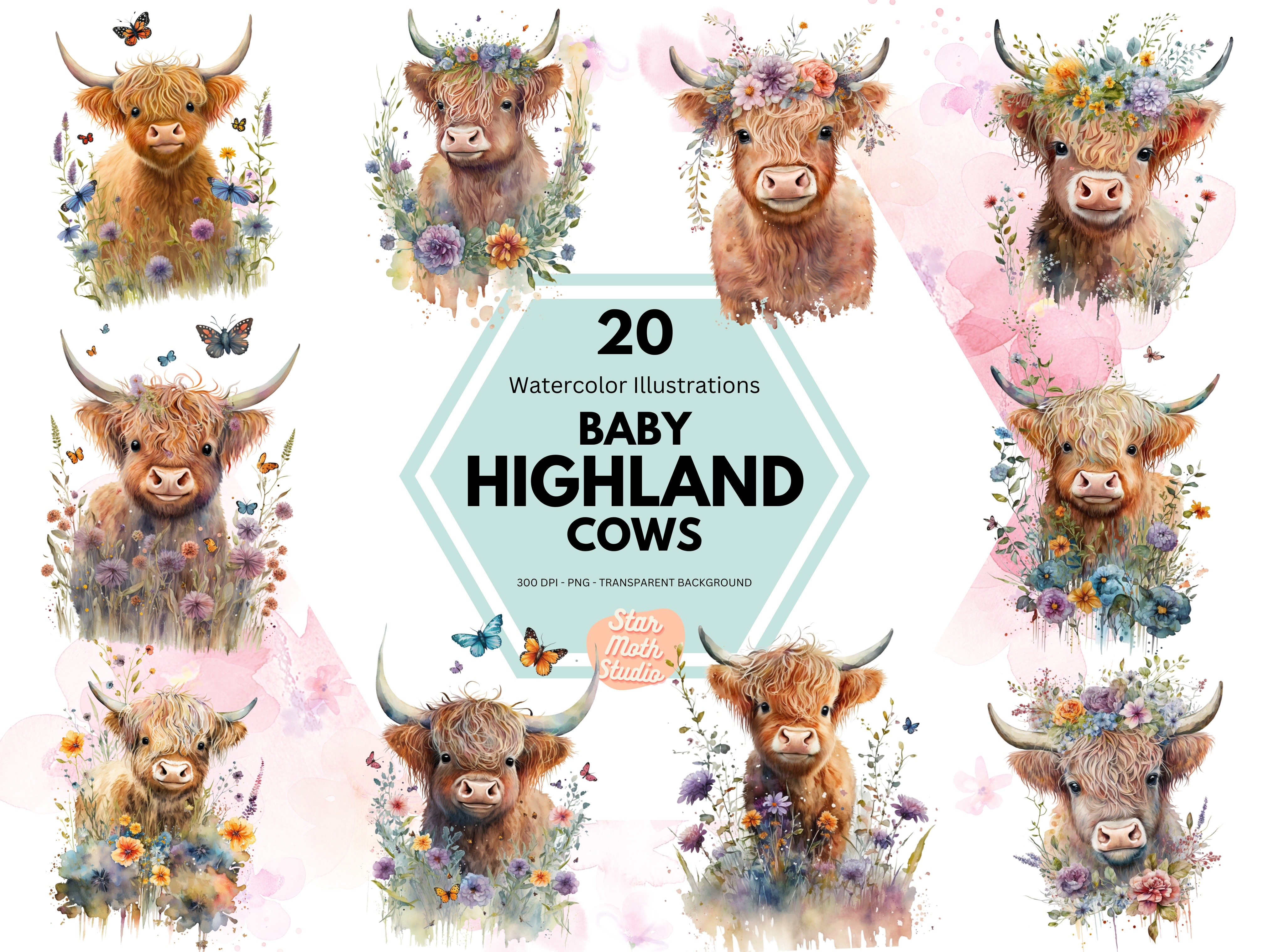 Watercolor Clipart - Baby Highland Cows Graphic by starmothstudio ...