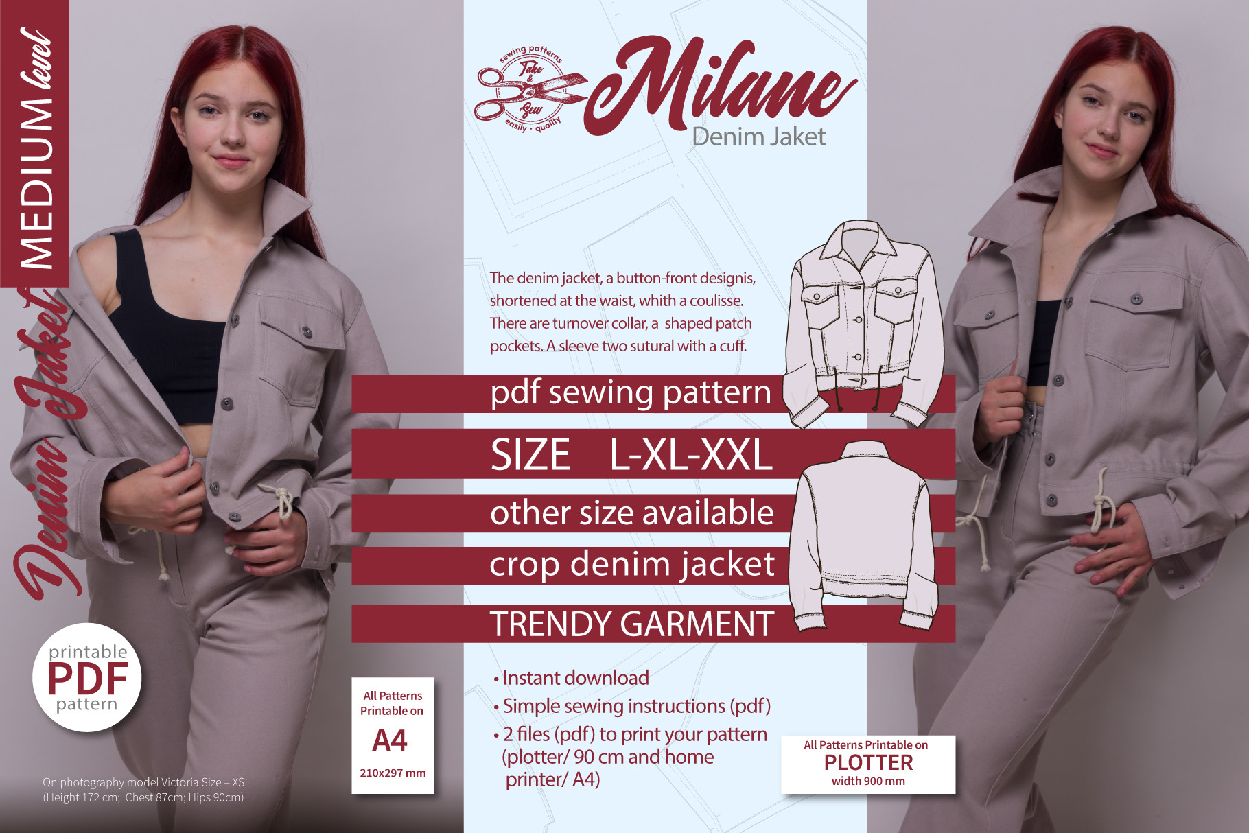 Jean Crop Jacket Sewing Pattern Milane L Graphic by TakeAndSew ...