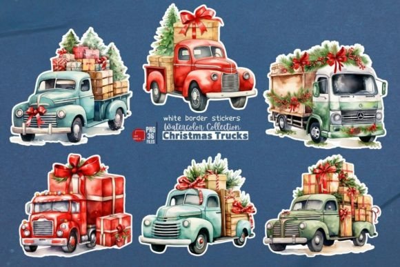 Watercolor Christmas Trucks Stickers Graphic by Artsiri51 · Creative ...