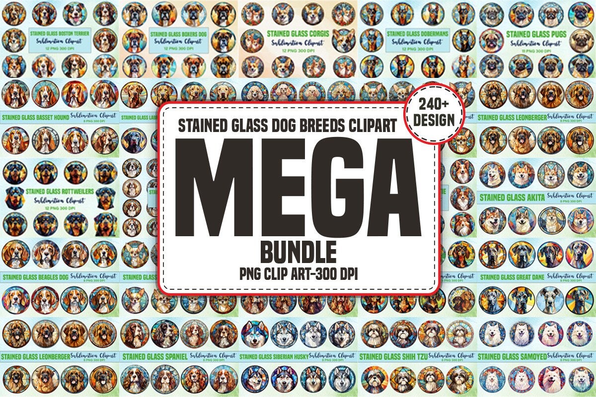 Stained Glass Dog Breeds Mega PNG Bundle Bundle · Creative Fabrica