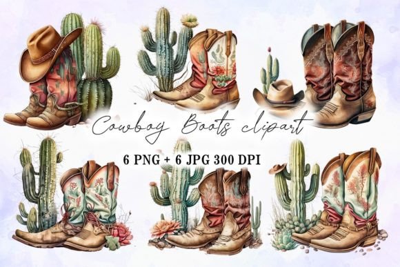Cowboy Boots Cactus Watercolor Set Graphic by AudDum Design · Creative ...