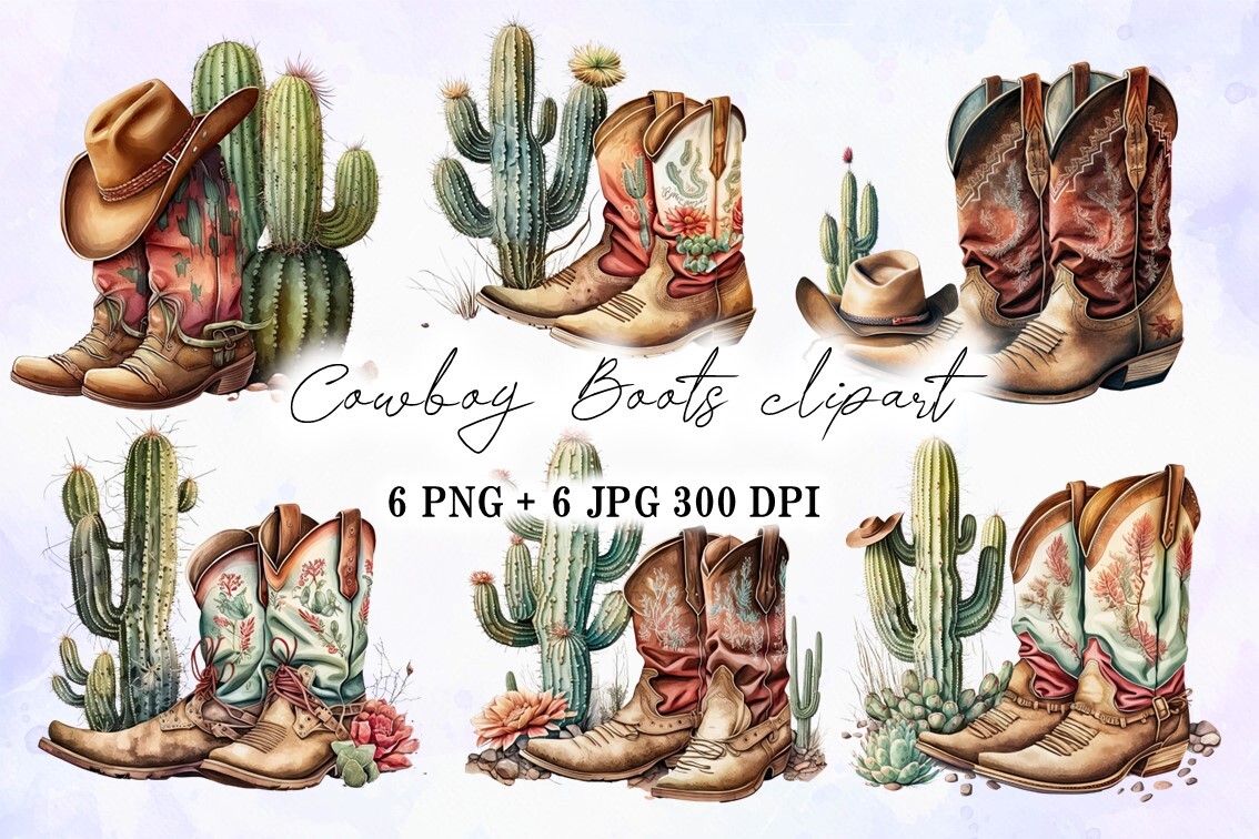 Cowboy Boots Cactus Watercolor Set Graphic by AudDum Design · Creative ...