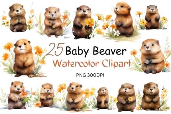 Watercolor Baby Beaver Clipart Bundle Graphic by DreamyDesignsCoIN ...