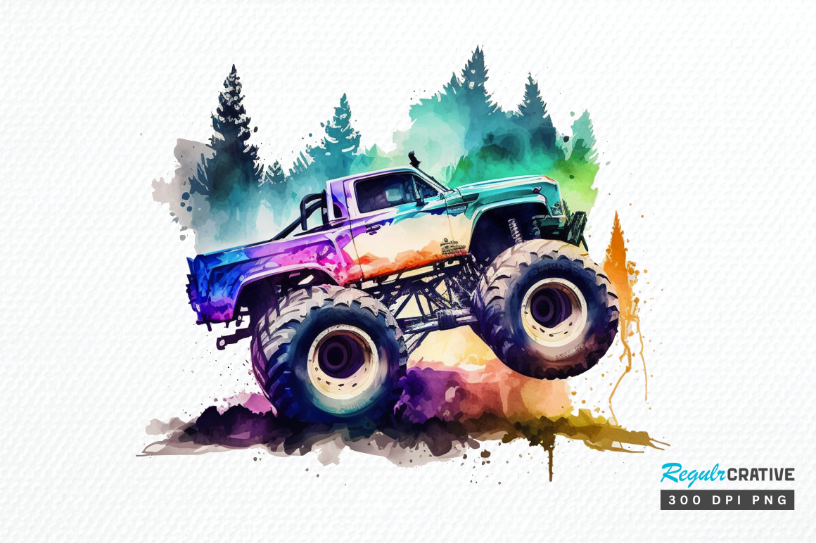 Watercolor Monster Truck Clipart Png Graphic by Regulrcrative ...