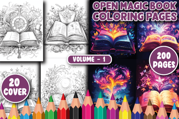 200 Open Magic Book Coloring Pages V - 1 Graphic by Printable Crafts ...