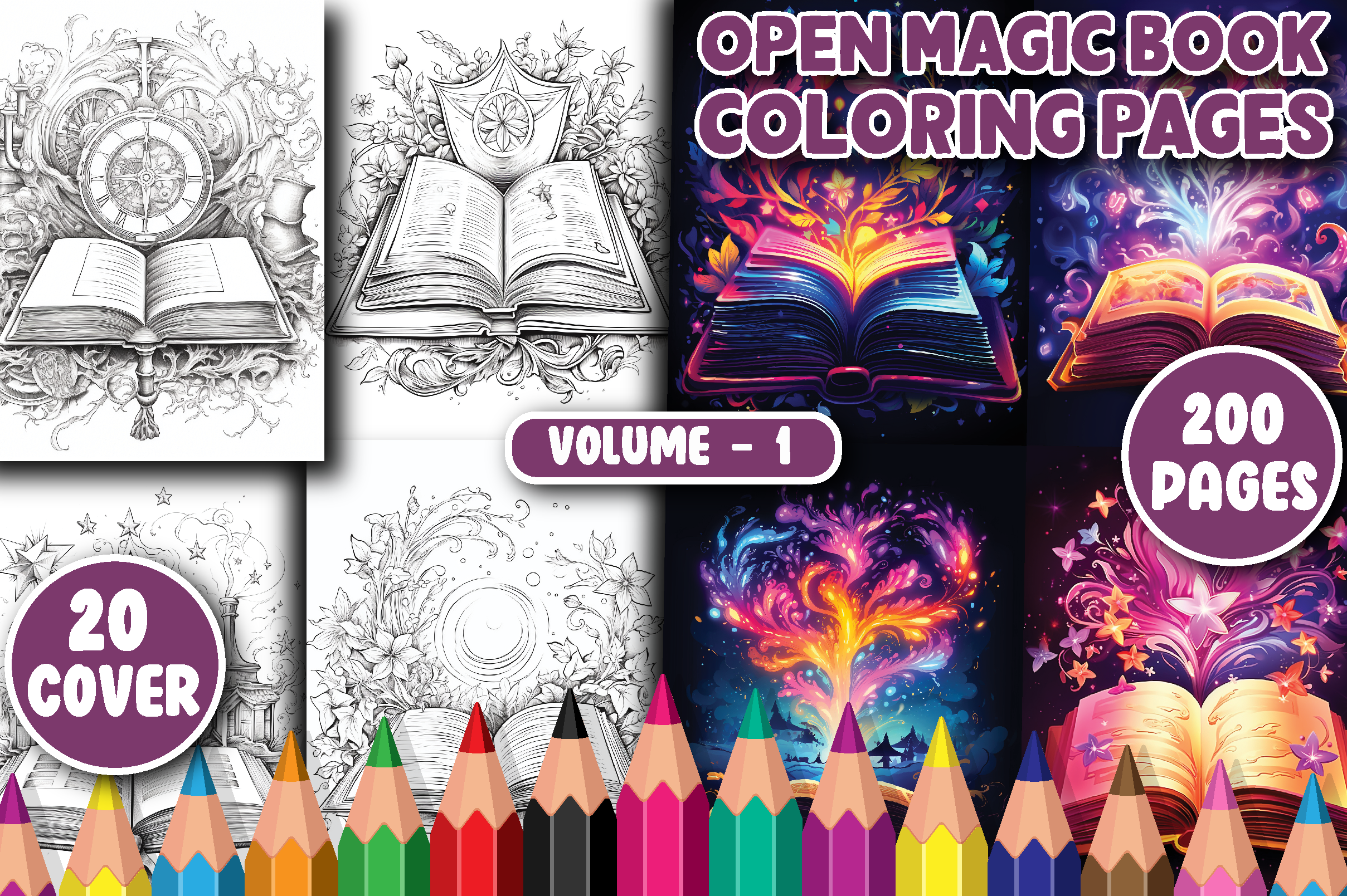 200 Open Magic Book Coloring Pages V - 1 Graphic by Printable Crafts ...