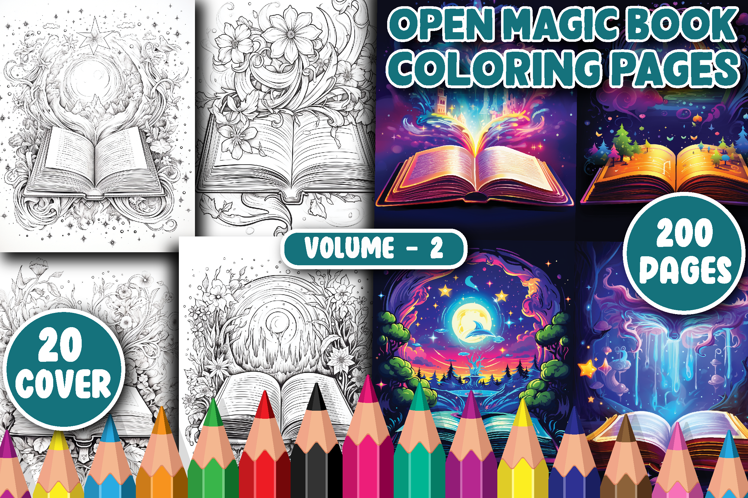 200 Open Magic Book Coloring Pages V - 2 Graphic by Printable Crafts ...