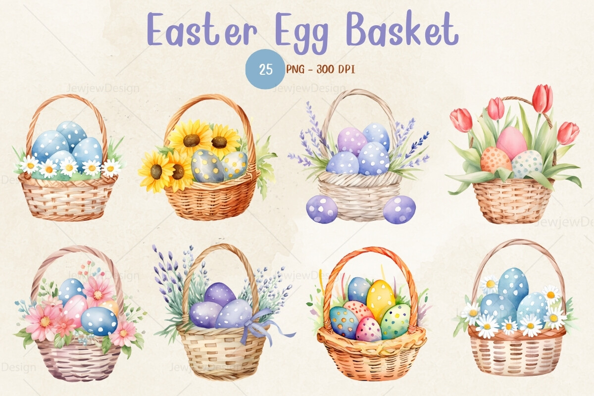 Easter Egg Basket Watercolor Clipart Graphic by JewjewDesign · Creative ...