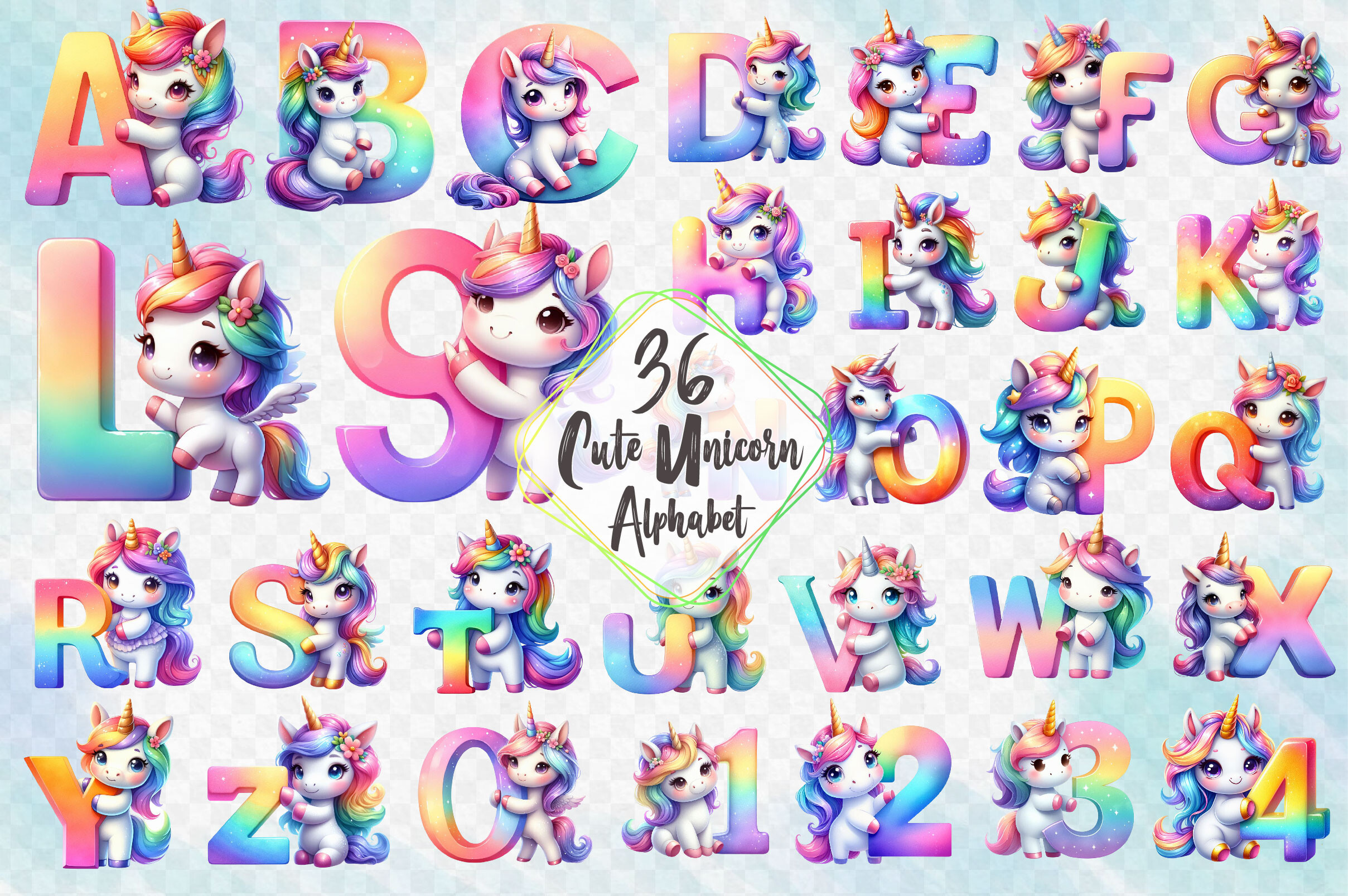 Cute Unicorn Alphabet Clipart PNG Graphic by Dream Creation · Creative ...