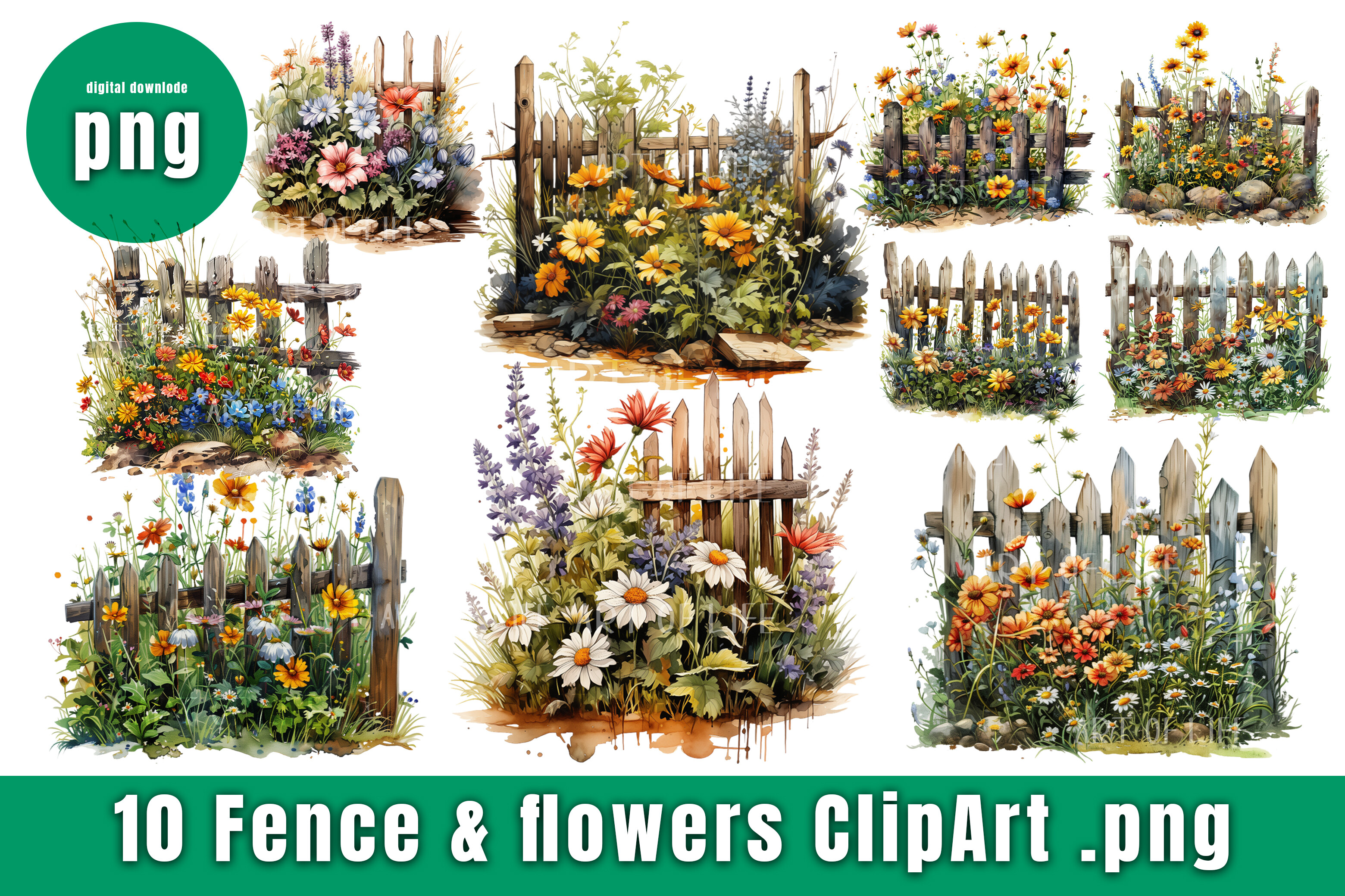 Watercolor Fence Spring Flowers Clipart Graphic by thanaphat.sk ...