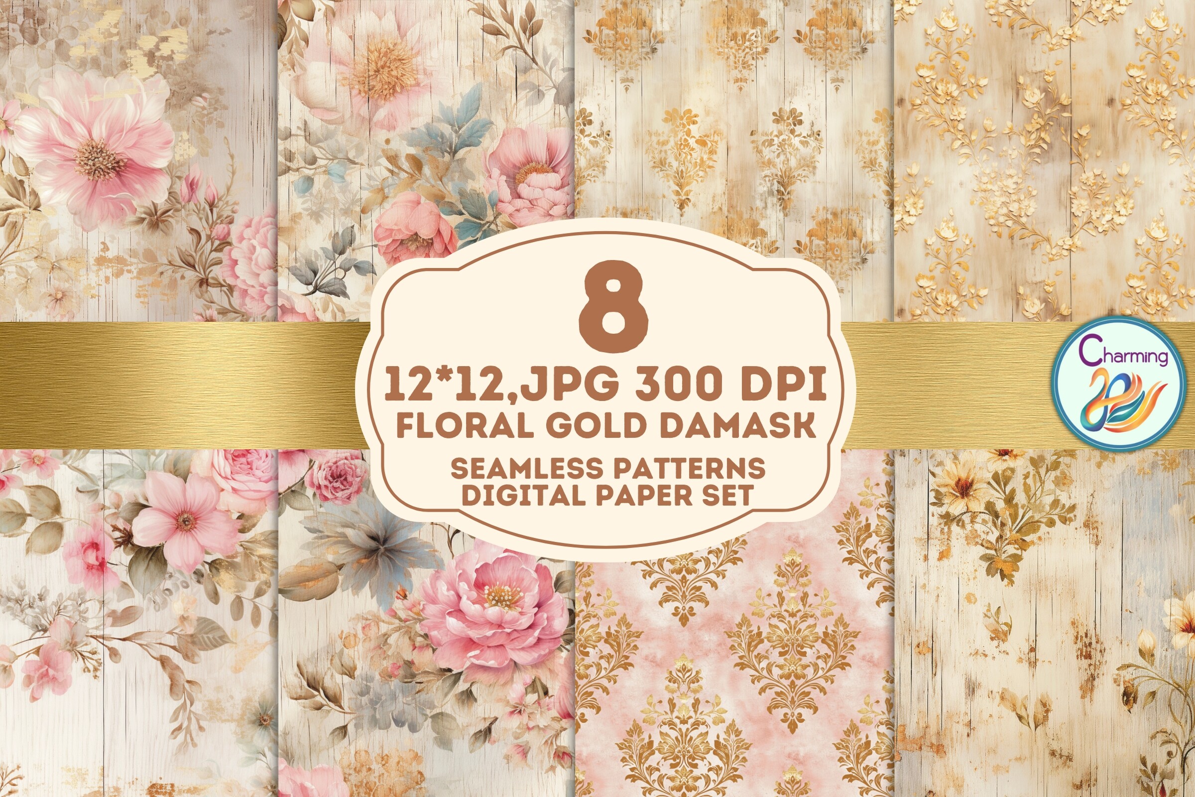 Digital Papers Set: Vintage Floral Gold Graphic by charming2493 ...