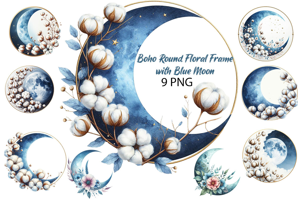 Boho Round Floral Frame with Blue Moon Graphic by Dreamy Art · Creative ...