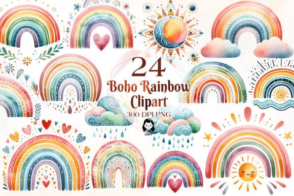 Watercolor Boho Rainbow Clipart Bundle Graphic by Cat Lady · Creative ...