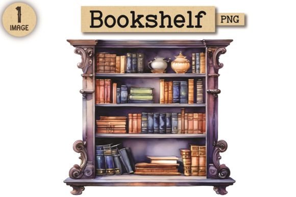 Bookshelf Watercolor Clipart PNG 14 Graphic by VintageRetroCafe ...