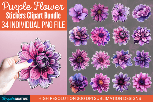 Purple Flower Sticker Clipart PNG Bundle Graphic by Regulrcrative ...