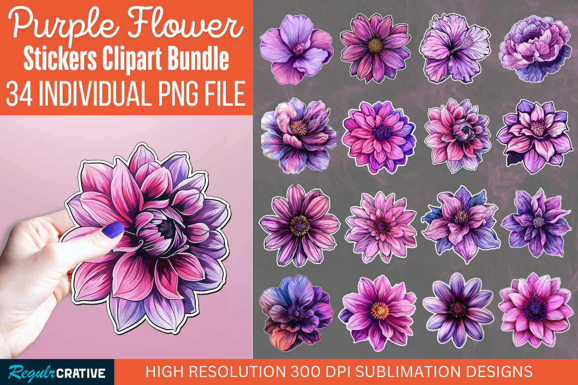 Purple Flower Sticker Clipart PNG Bundle Graphic by Regulrcrative ...