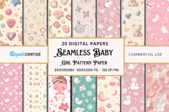 Baby Girl Digital Pattern Paper Bundle Graphic by Regulrcrative ...
