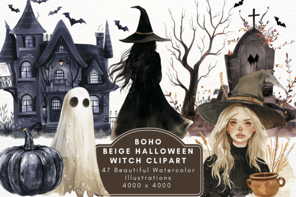 Boho Beige Halloween Witch Clipart Graphic by Enchanted Marketing ...