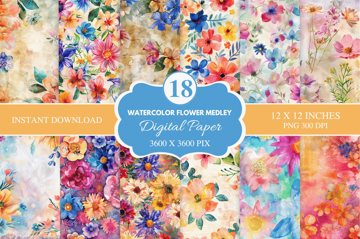 Watercolor Flower Medley Digital Paper Graphic by Regulrcrative ...