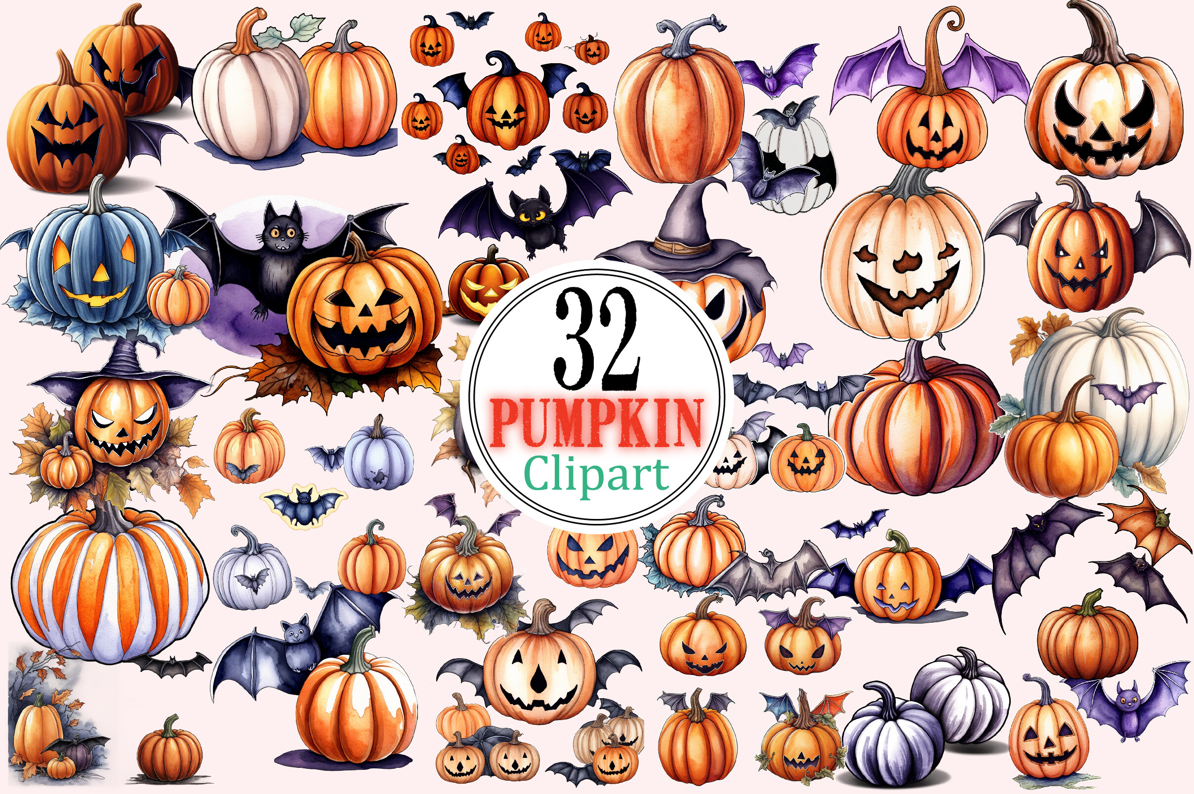 Pumpkin Halloween Clipart, Bat Clipart Graphic by Colourful · Creative ...