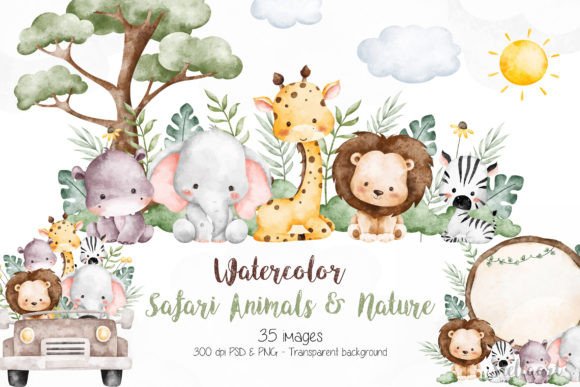 Watercolor Safari Animals and Leaves Graphic by Stellaart · Creative ...