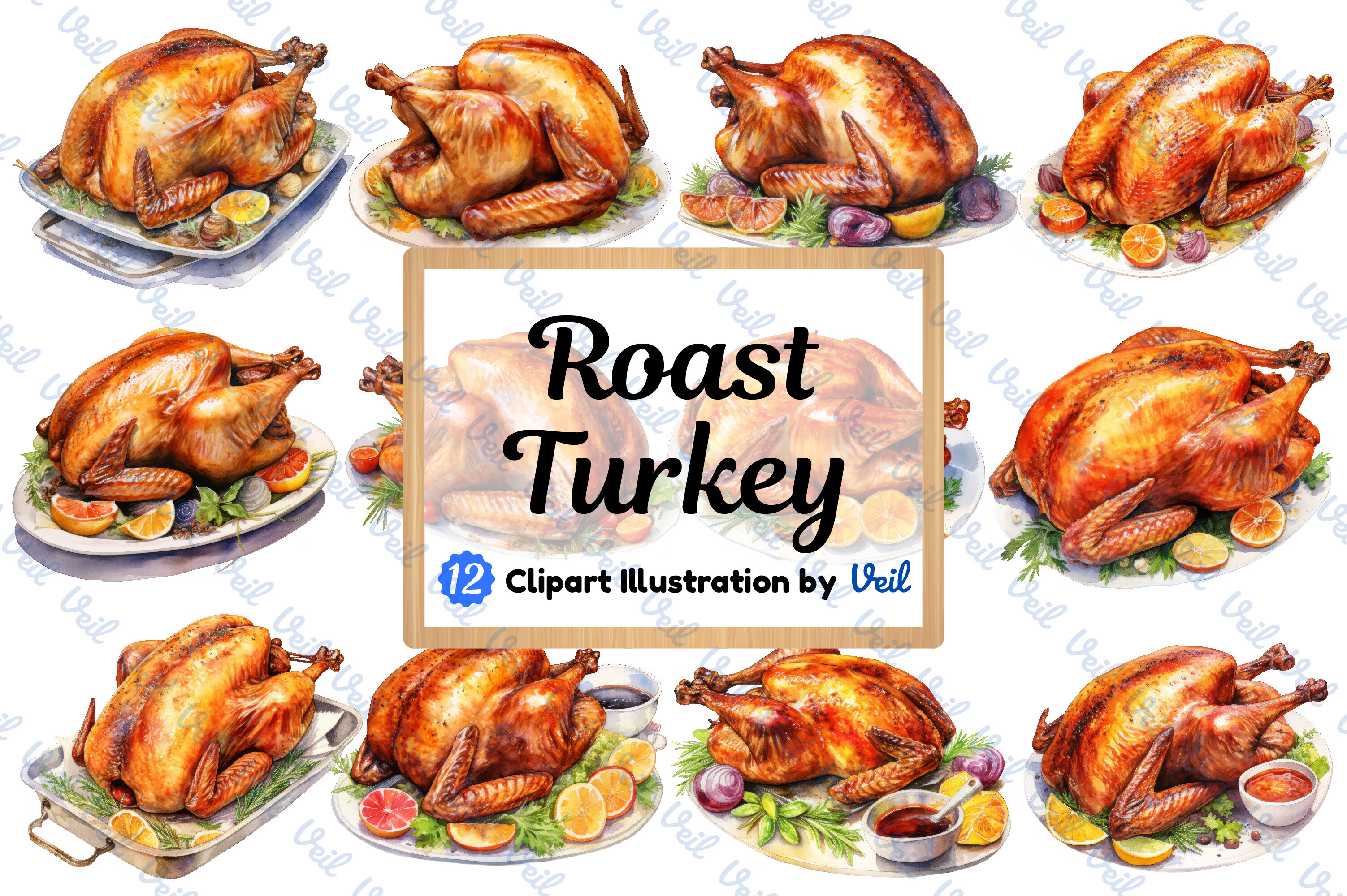 Roast Turkey Clipart Watercolor Bundle Graphic by Veil · Creative Fabrica