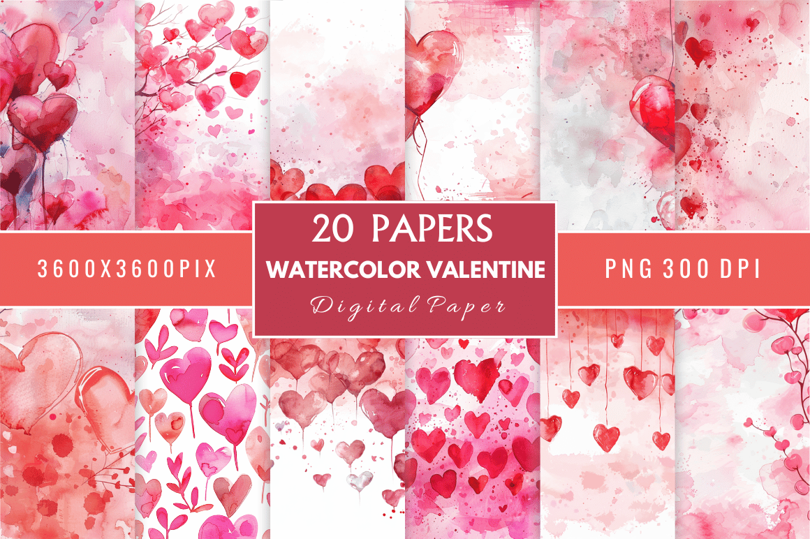 Watercolor Valentine Digital Paper Bundl Graphic by Regulrcrative ...