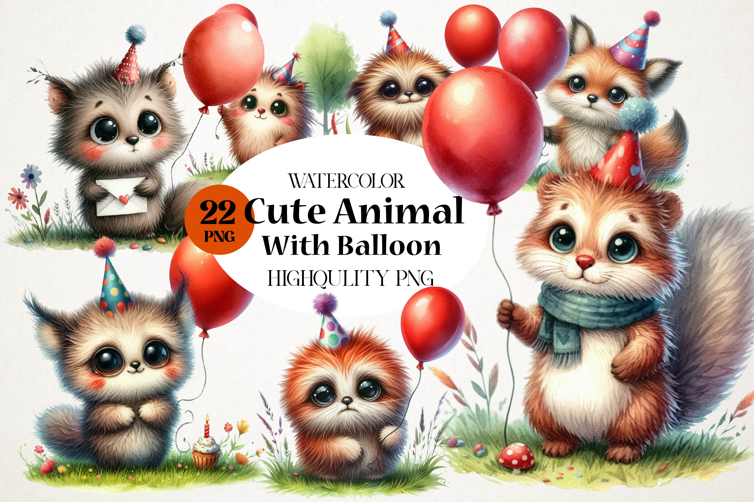 Cute Animal with Balloon Clipart Bundle Graphic by WatercolorArtist ...