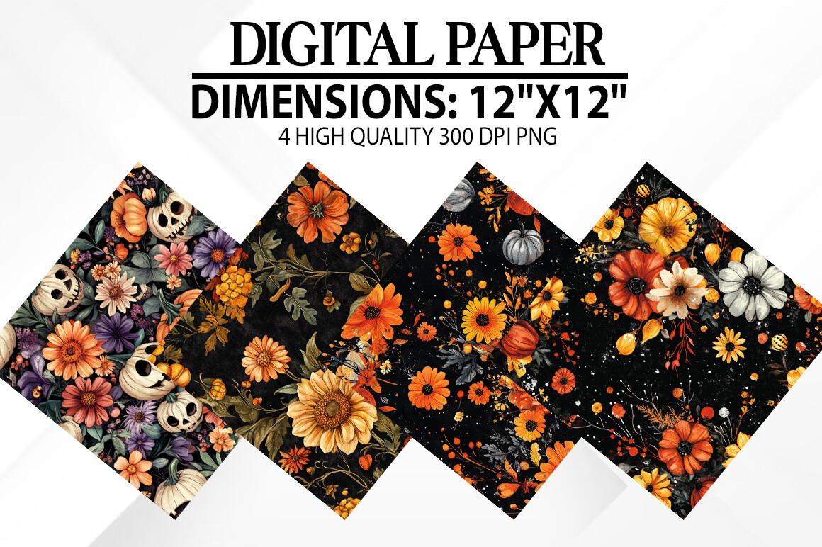 Halloween Flowers Digital Papers Graphic by fokira · Creative Fabrica