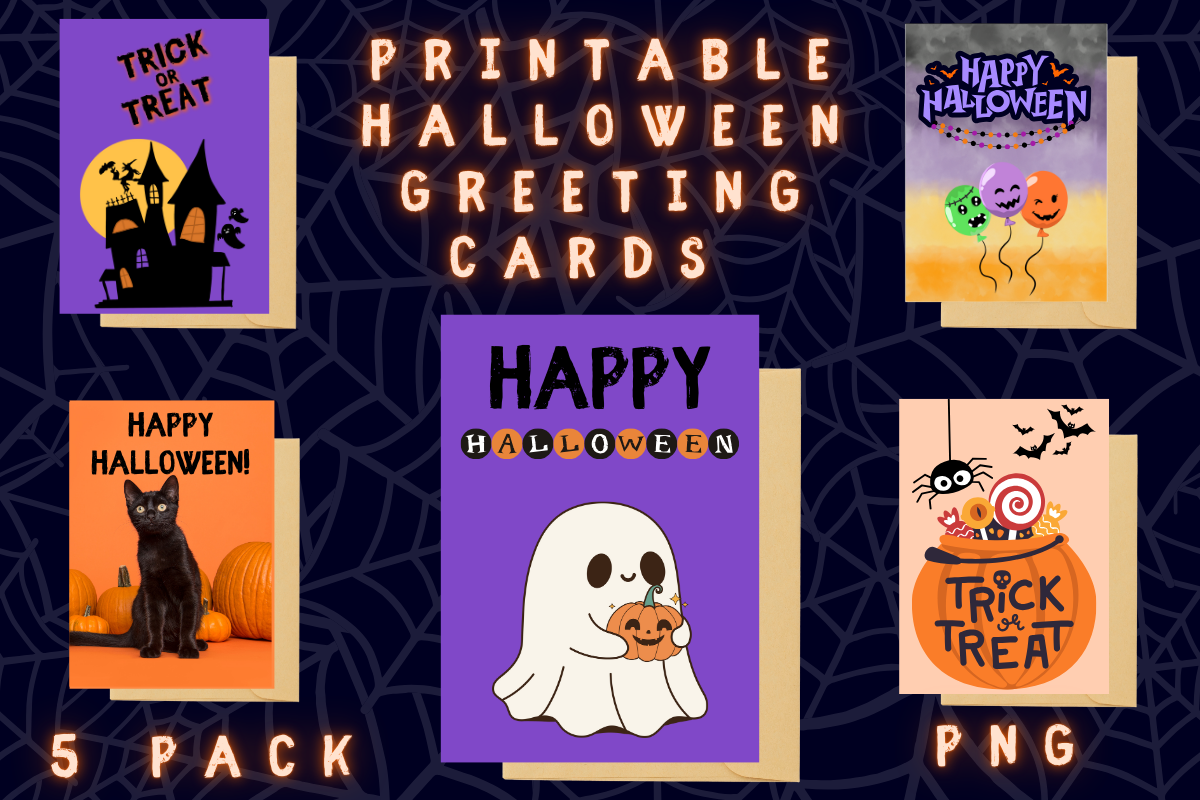 Halloween Greeting Cards 5 Pack PNG Graphic by Pixels N Bows · Creative ...