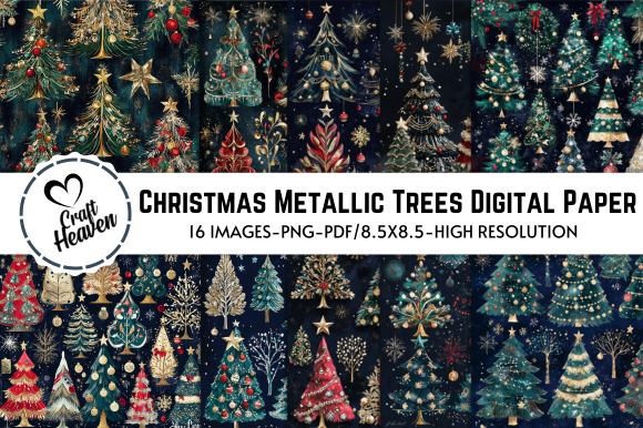 Christmas Metallic Trees Digital Paper Graphic by Craft Heaven ...