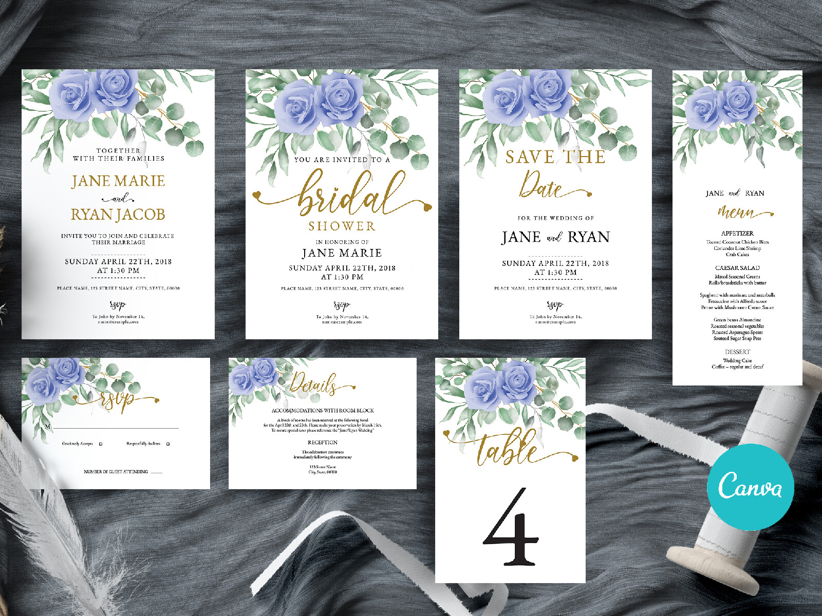 Blue Rose Wedding Canva Template Set Graphic by SmmrDesign · Creative ...
