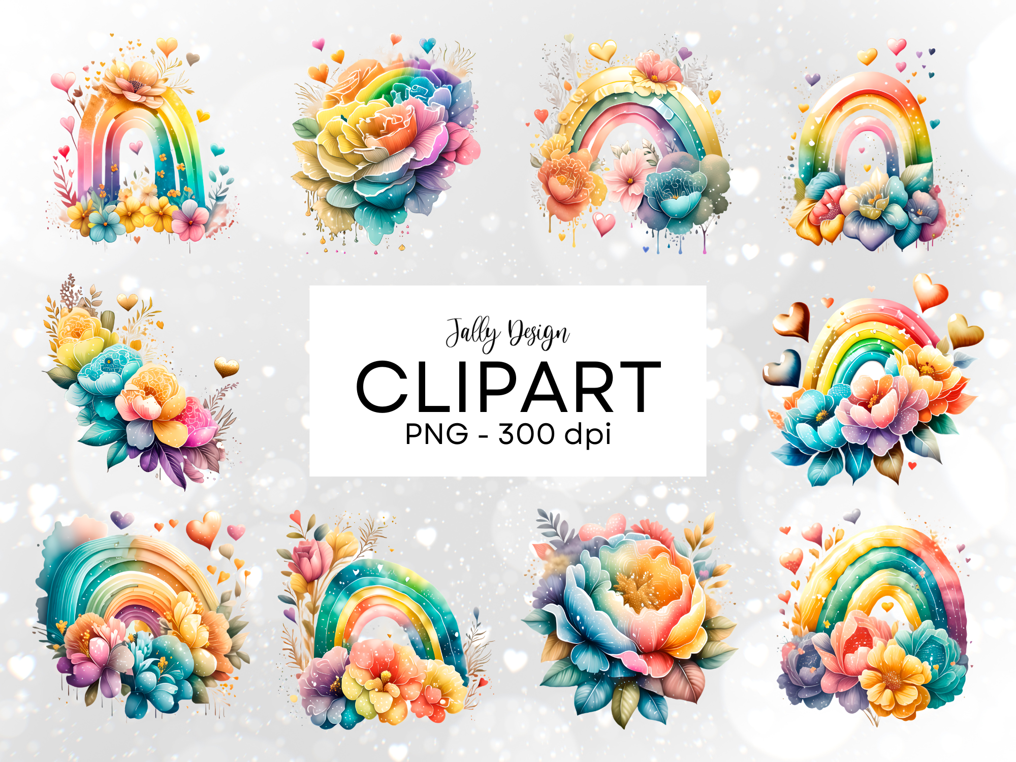 Watercolor Rainbow & Flowers Clipart Graphic by jallydesign · Creative ...