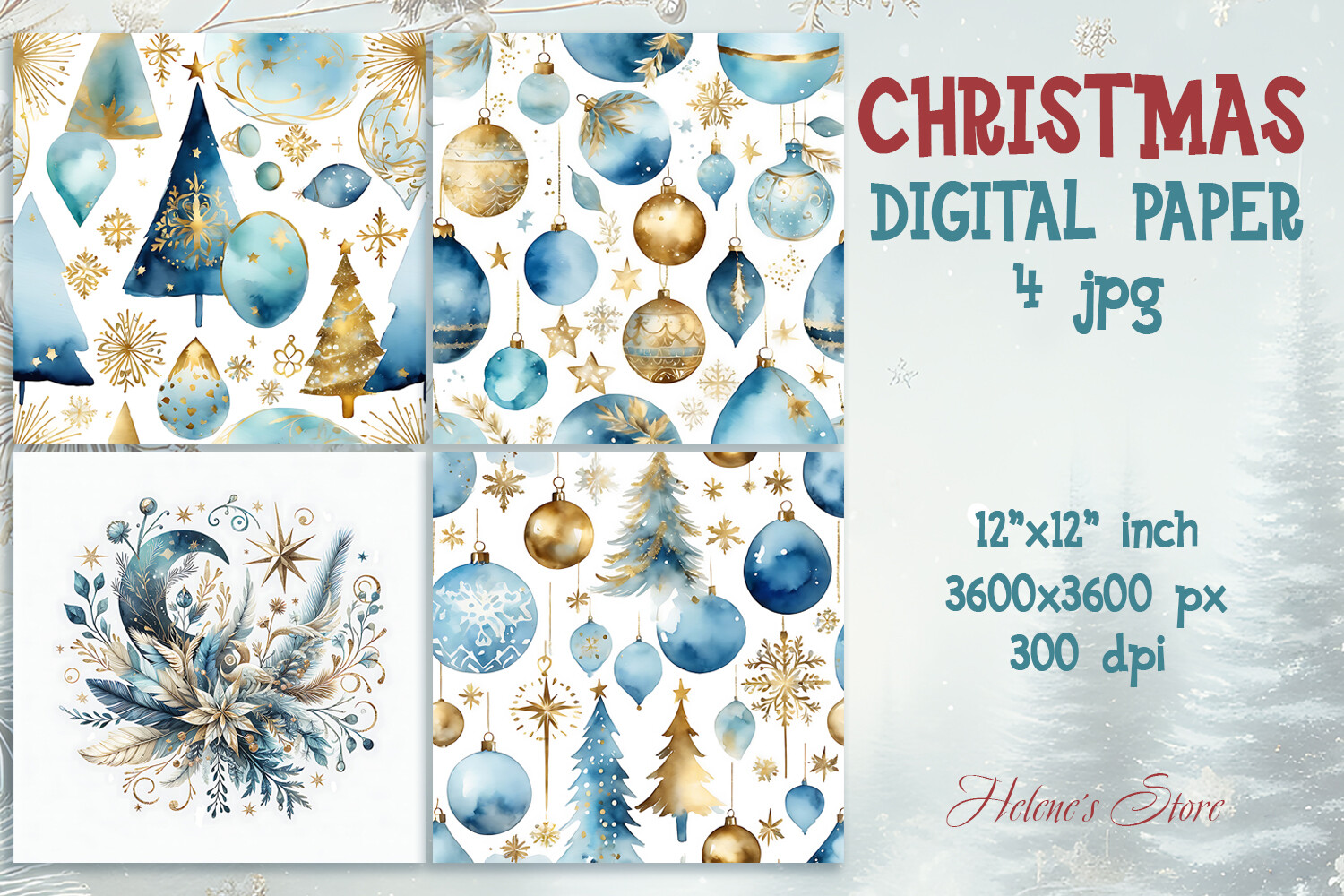 Blue Gold Retro Christmas Digital Paper Graphic by Helene's store ...